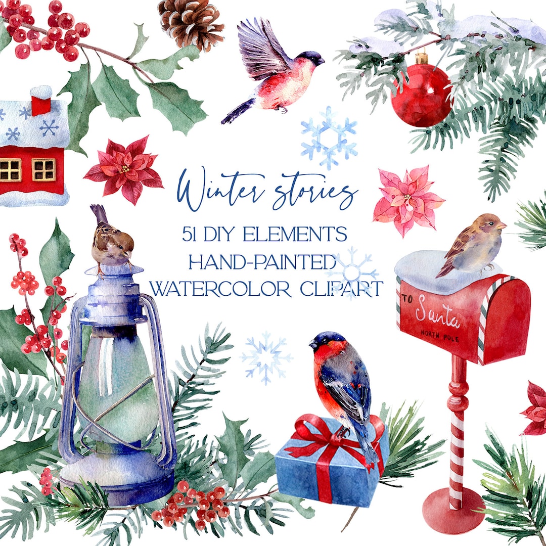 Watercolor Christmas Clipart, Winter Birds Clipart, Christmas Png ...
