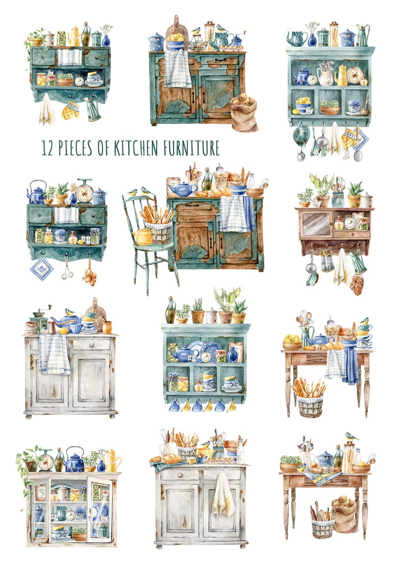 Watercolor Kitchen Furniture Clipart Vintage Kitchenware - Etsy