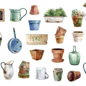 Watercolor Gardening Clipart, Rustic Farmhouse Clip Art, Garden Tools ...