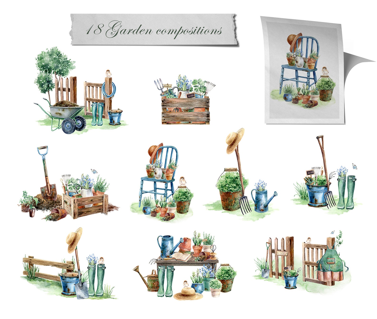 Watercolor Gardening Clipart Rustic Farmhouse Clip Art - Etsy