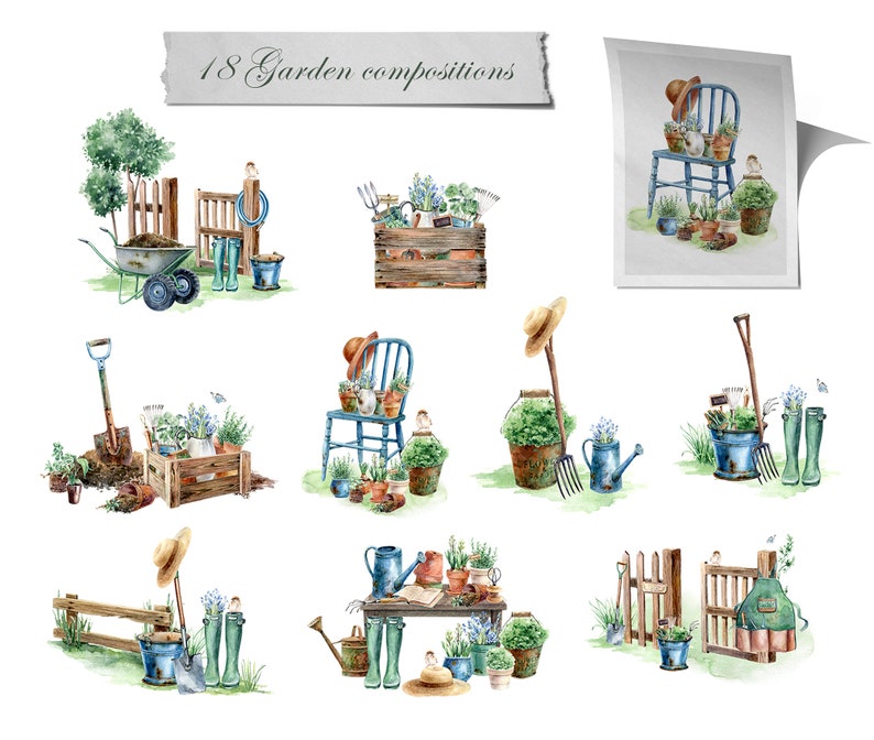 Watercolor Gardening Clipart Rustic Farmhouse Clip Art - Etsy