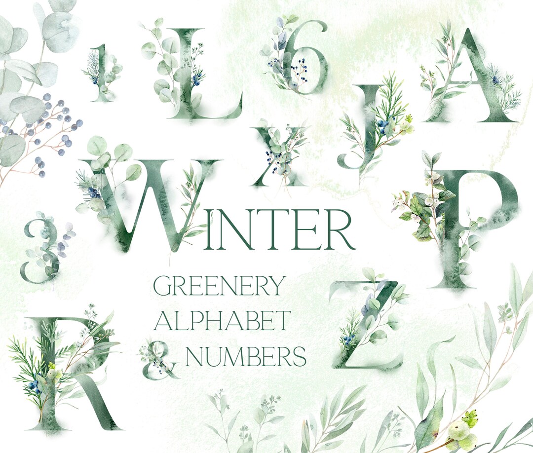 Watercolor Winter Greenery Alphabet & Numbers | Botanical Green Letters ...