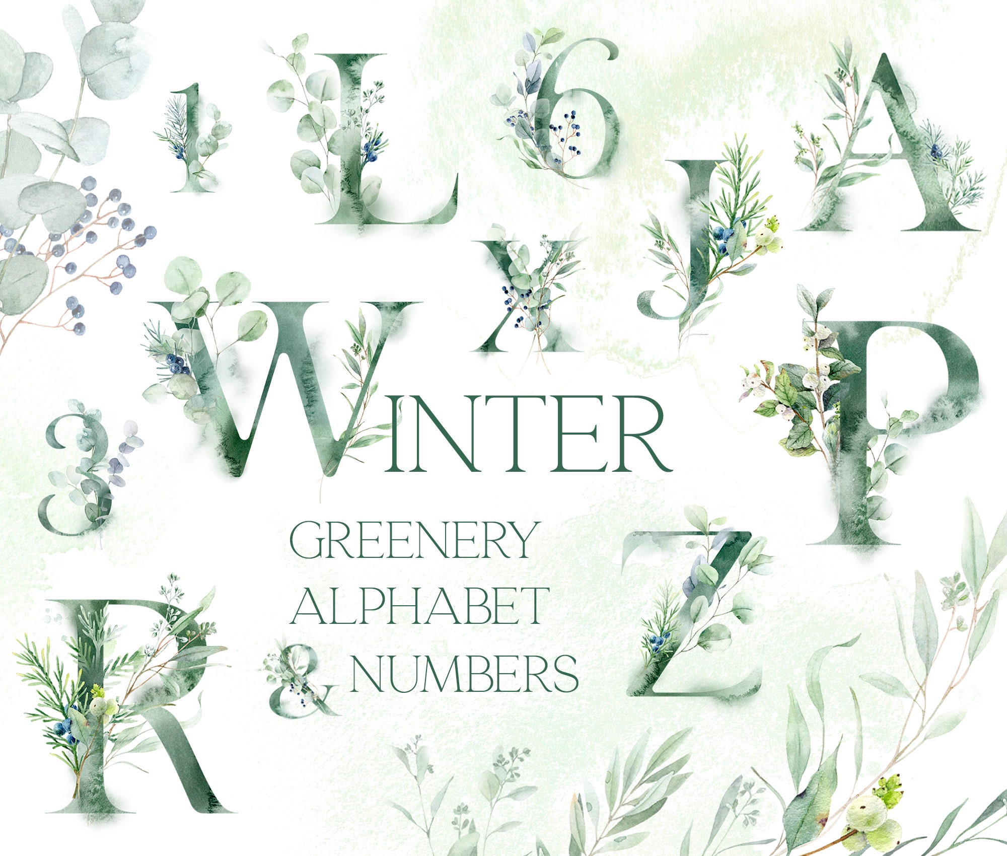 Watercolor Greenery Alphabet and Numbers Botanical Alphabet - Etsy