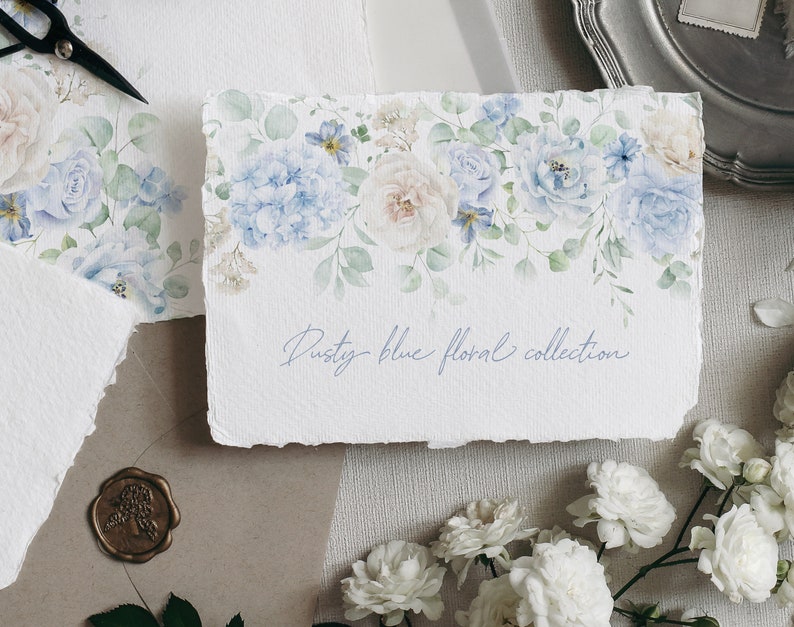 Watercolor Floral Border, Dusty Blue Floral Clipart, Watercolor Flowers ...