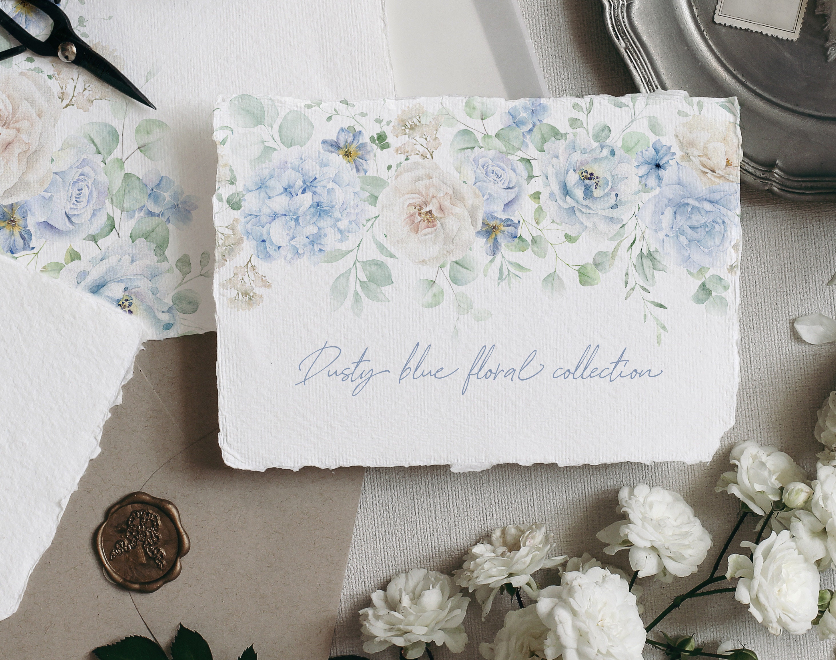 Watercolor Floral Border, Dusty Blue Floral Clipart, Watercolor Flowers ...