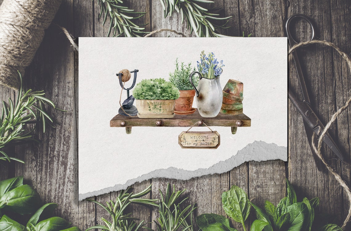 Watercolor Gardening Clipart Rustic Farmhouse Clip Art - Etsy
