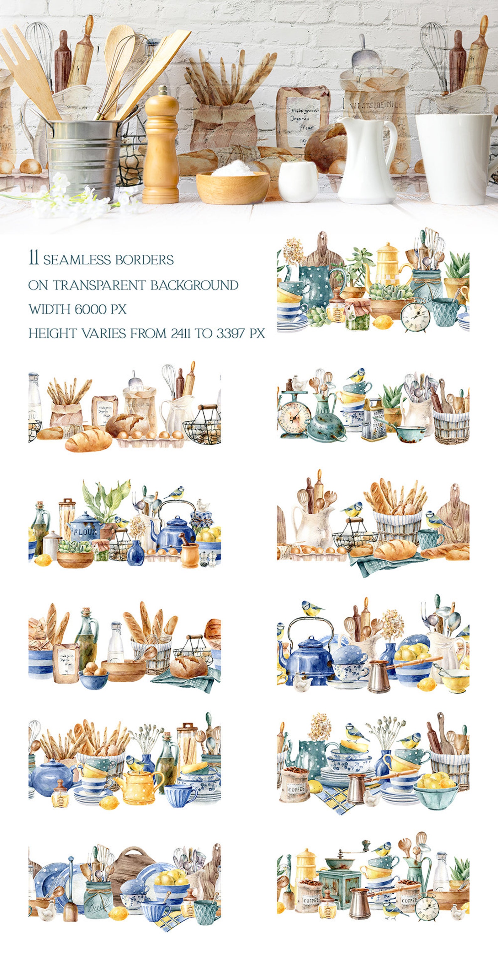 Watercolor Kitchen Clipart Bundle, Country Kitchen Clipart, Accessories ...