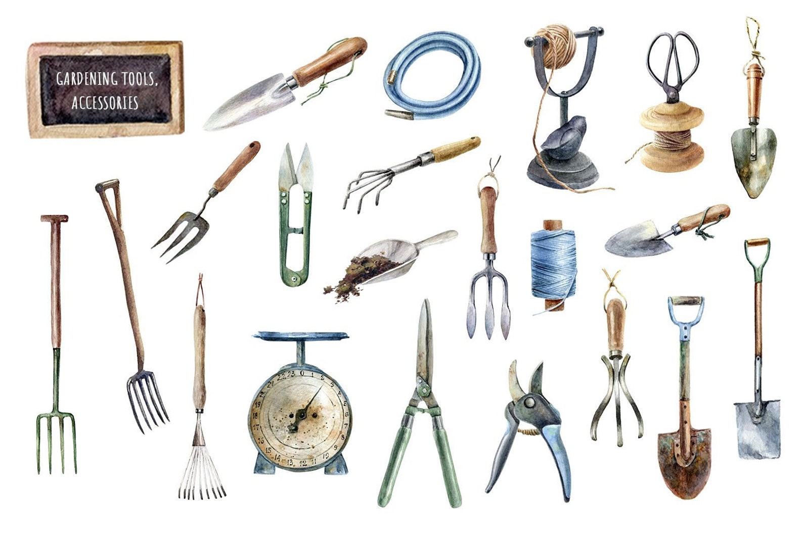 Watercolor Gardening Clipart, Rustic Farmhouse Clip Art, Garden Tools ...