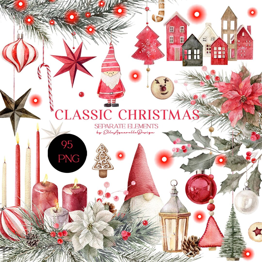 Traditional Christmas Clipart, Red Christmas Watercolor Ornaments ...