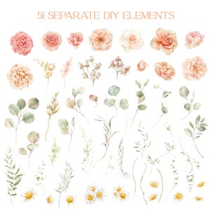 Peach Floral Clipart Bundle, Watercolor Blush Flowers Clipart ...