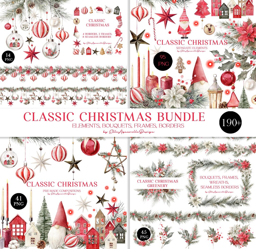 Real Watercolor Christmas Clipart Bundle Classic Christmas Garland and ...