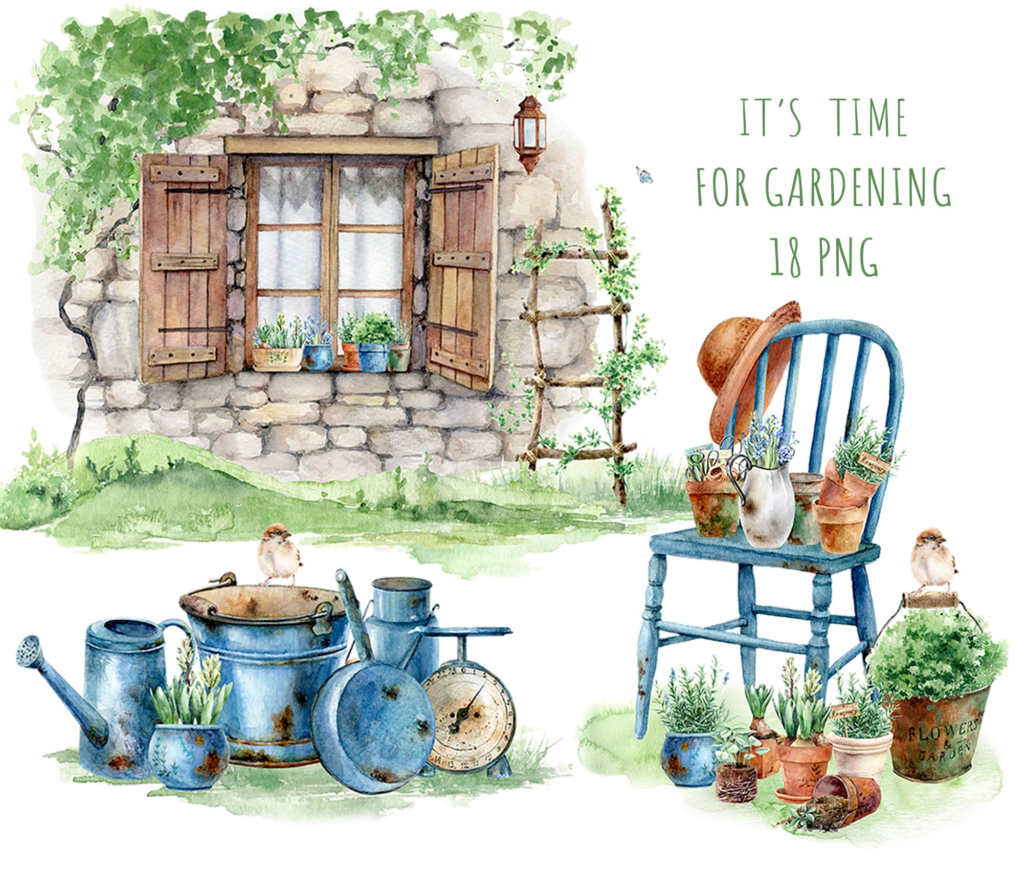 Watercolor Gardening Clipart Rustic Farmhouse Clip Art - Etsy