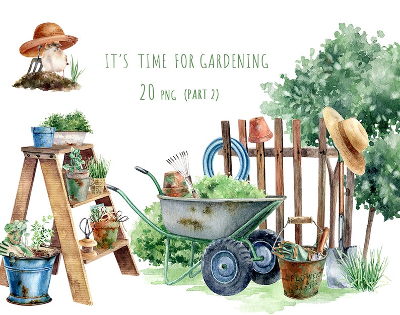 Watercolor Gardening Clipart Rustic Farmhouse Clip Art - Etsy