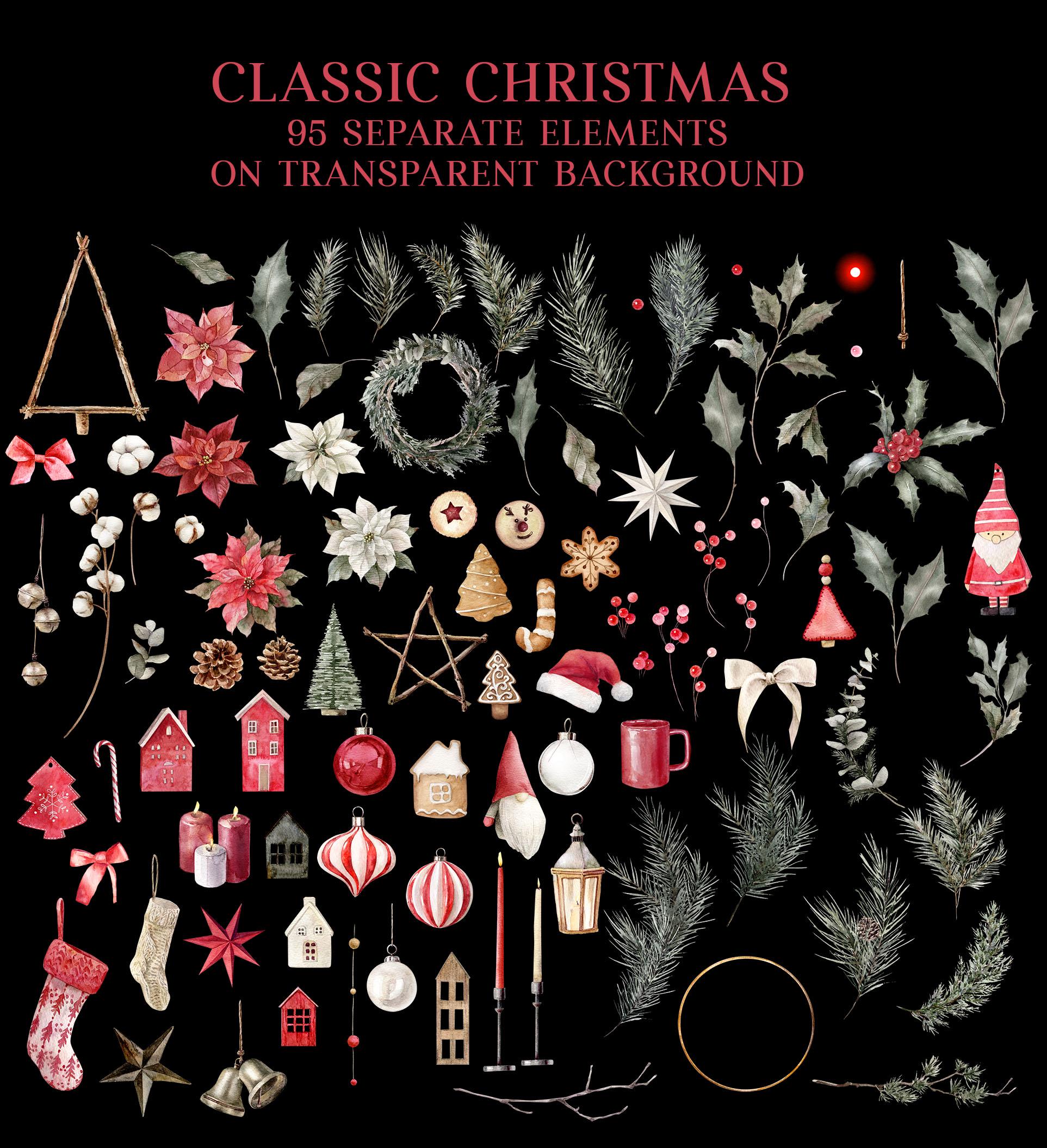 Traditional Christmas Clipart, Red Christmas Watercolor Ornaments ...