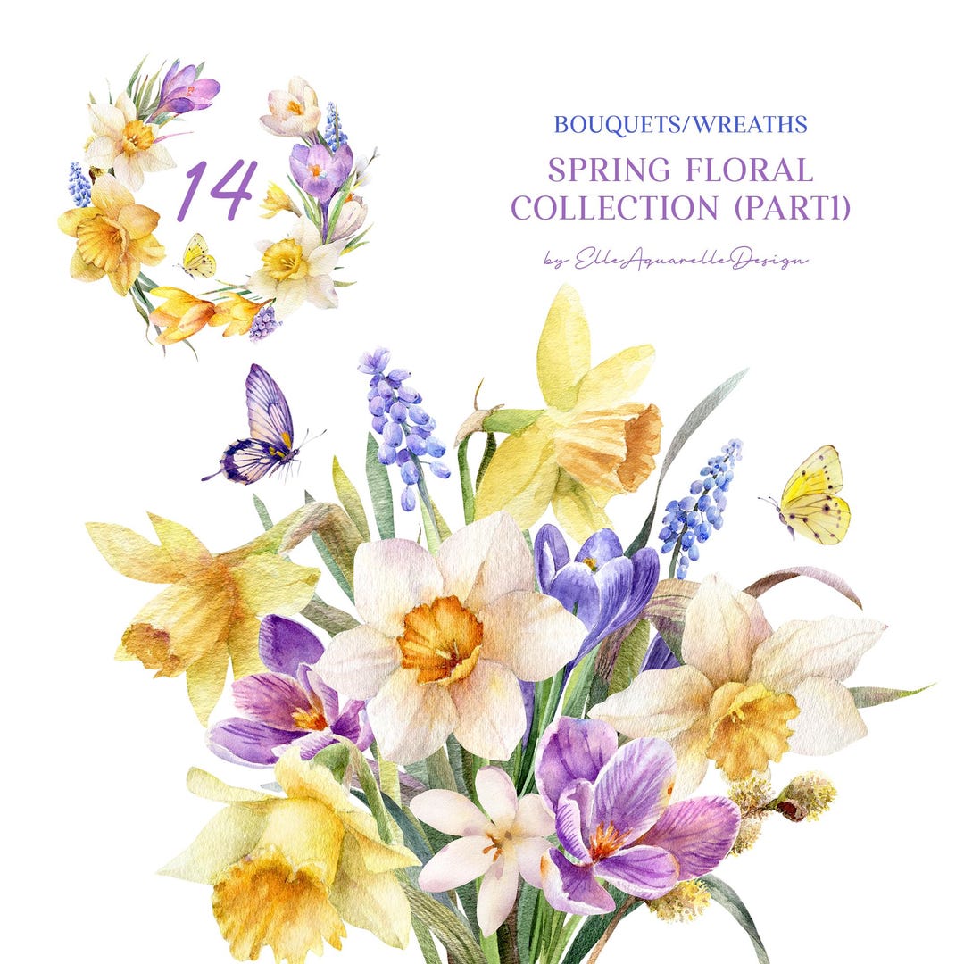 Watercolor Daffodils Clipart, Crocus Clipart, Spring Watercolor Flowers ...