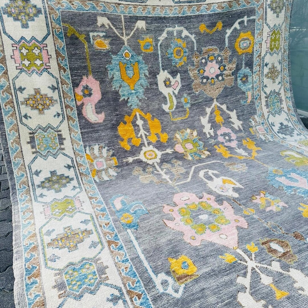 Area Rug for Living Room, Gray / Ivory Wool Rug Hand Knot Oushak Rug ...