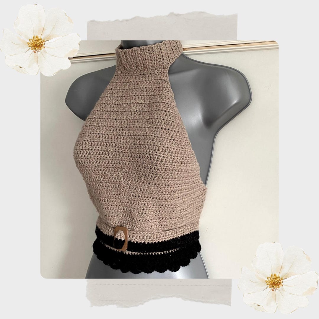 Beige & Black Crochet Adjustable Fasteners Halter Neck Top Sleeveless ...