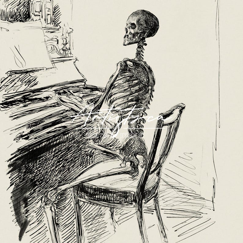 HALLOWEEN Spooky Piano SKELETON SKETCH Wall Art Print, Creepy Scary ...