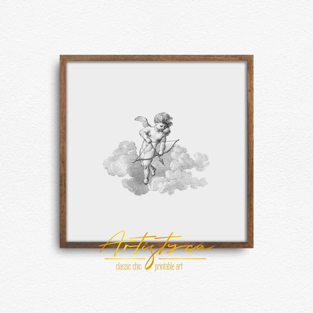 CUPID Vintage DRAWING CHERUB Throwing Arrow Antique Sketch Print Putto ...