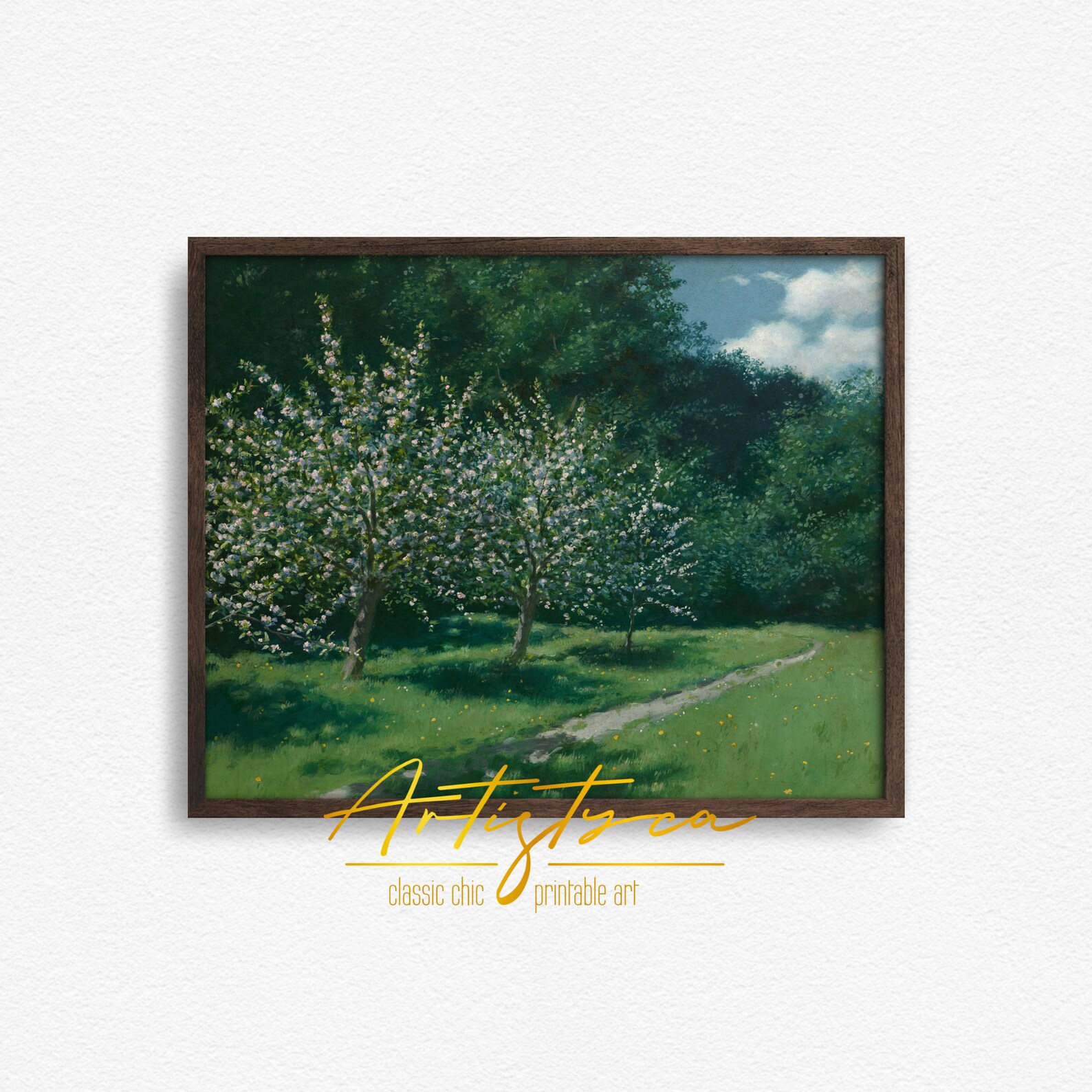 SPRING Countryside LANDSCAPE, Vintage Painting Print, Flowered Orchard ...
