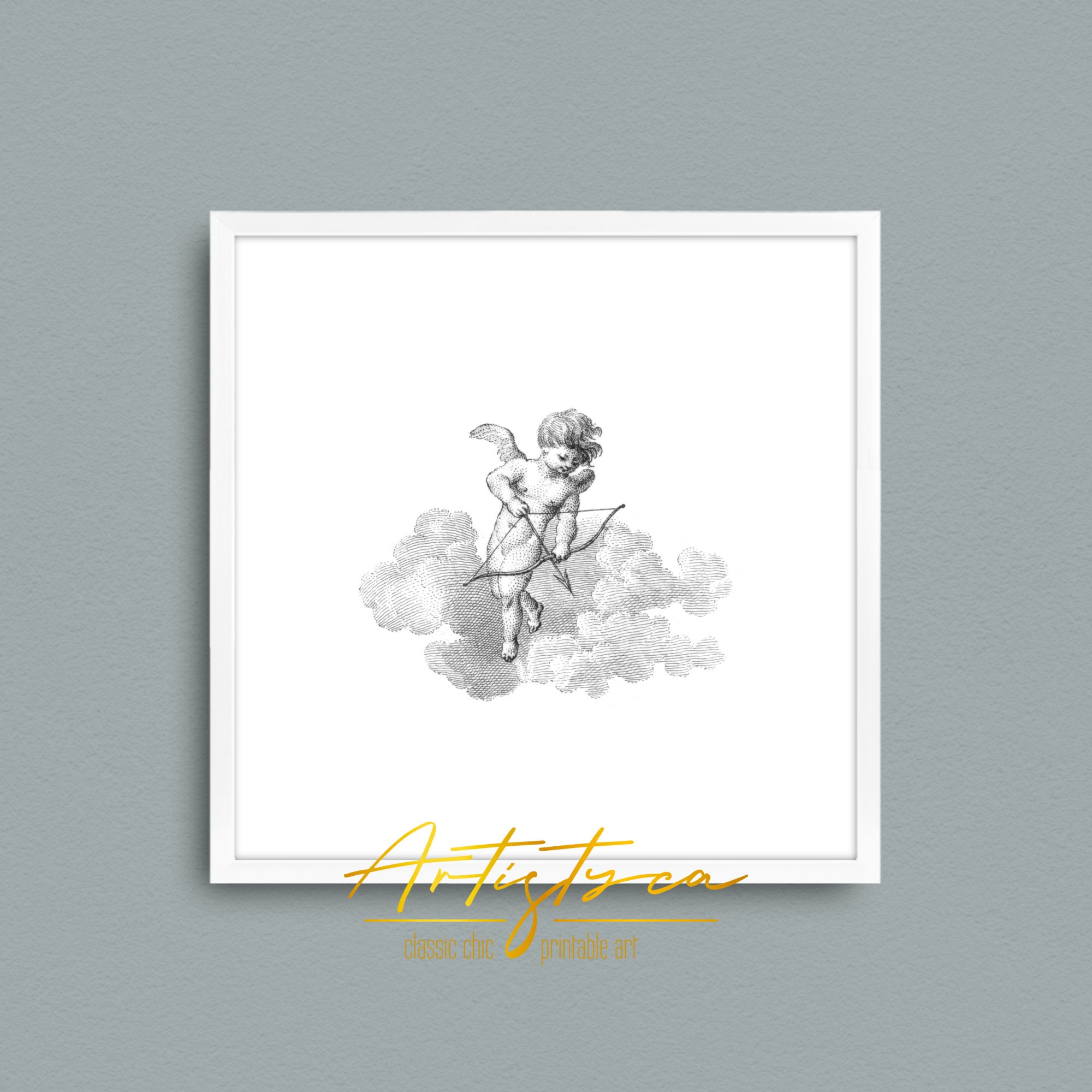 CUPID Vintage DRAWING CHERUB Throwing Arrow Antique Sketch Print Putto ...