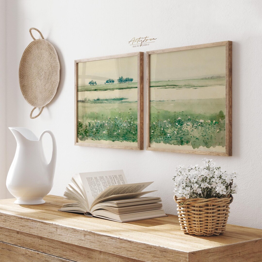 Green Country LANDSCAPE, Two WATERCOLOR Square Print, 2 Countryside ...