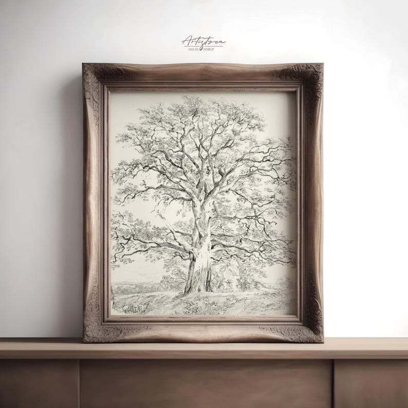TREE Drawing Poster Neutral Wall Art OAK Tree Print Tree Vintage Sketch ...