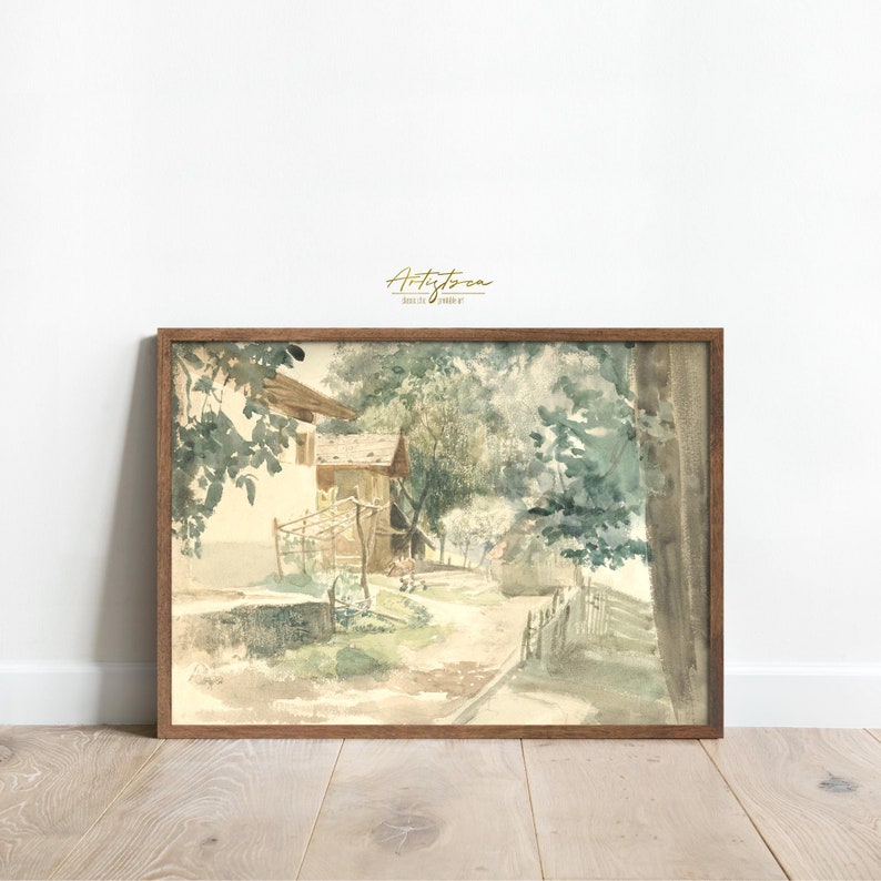 COUNTRY Landscape Vintage WATERCOLOR Digital Print, Rustic Cottage ...