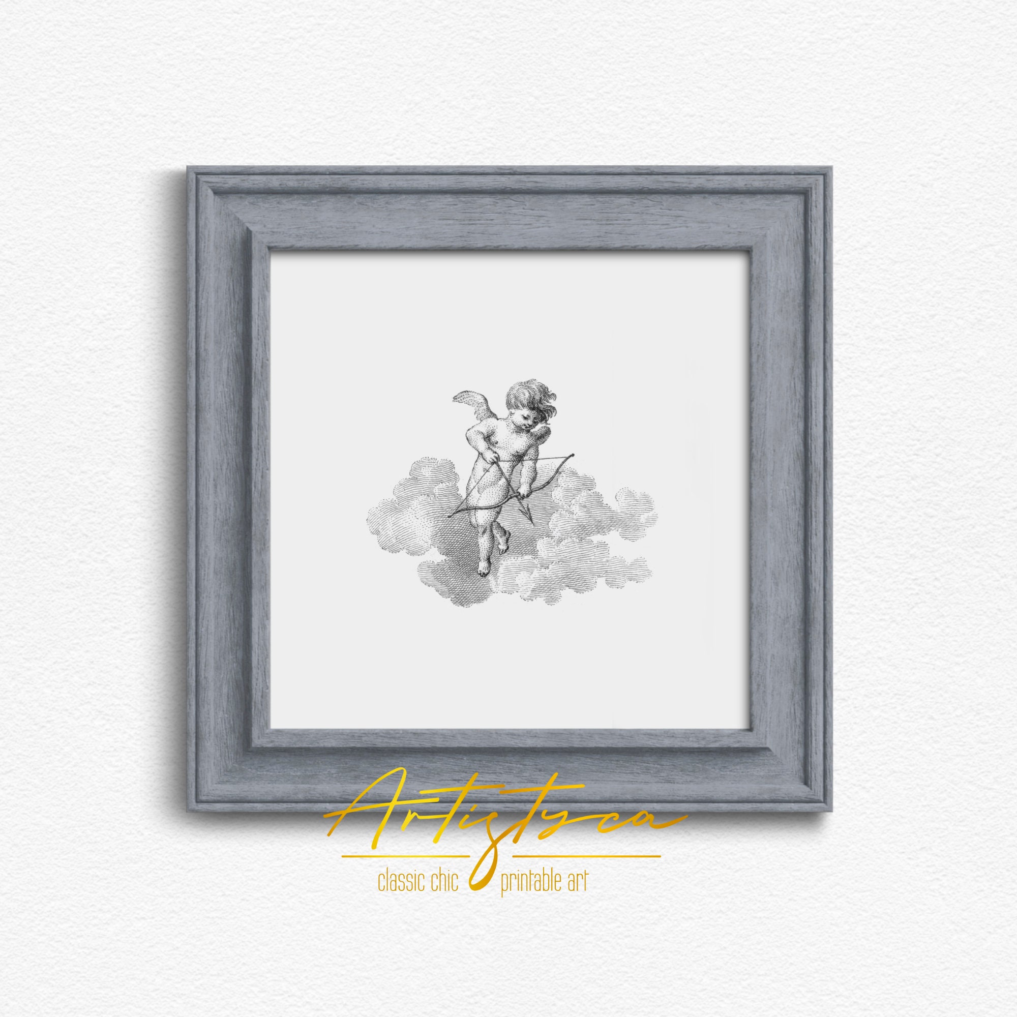 CUPID Vintage DRAWING CHERUB Throwing Arrow Antique Sketch Print Putto ...