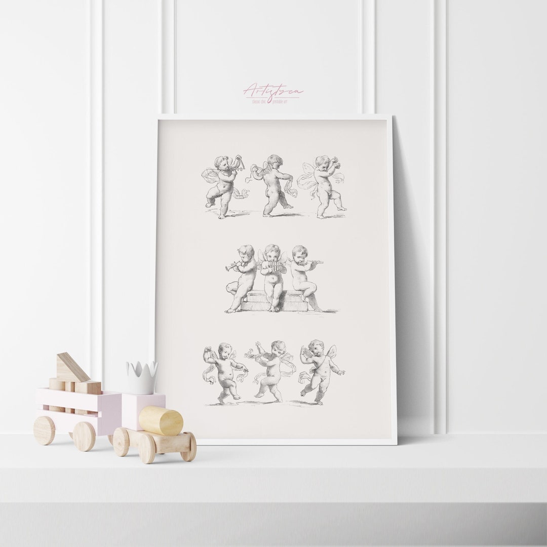 Dancing Playing ANGELS Wall Art Print, Nursery Baby Room Digital Pencil ...