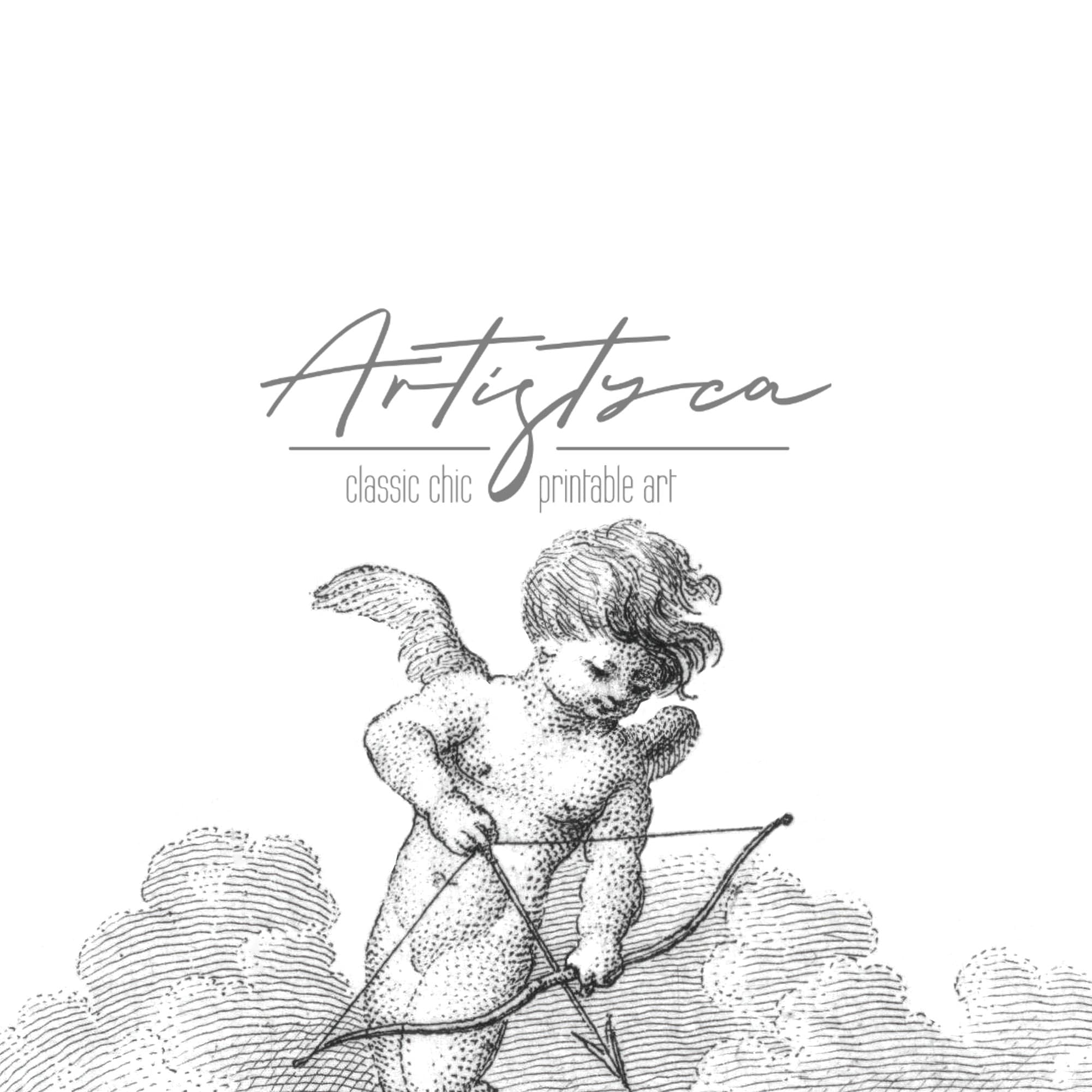CUPID Vintage DRAWING CHERUB Throwing Arrow Antique Sketch Print Putto ...
