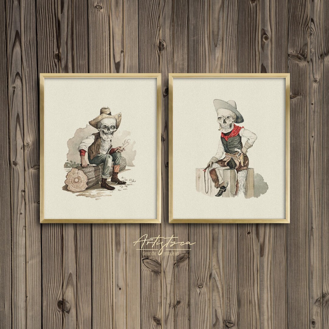 SKELETON COWBOYS Illustration Wall ART Print Set of 2, Western Creepy ...