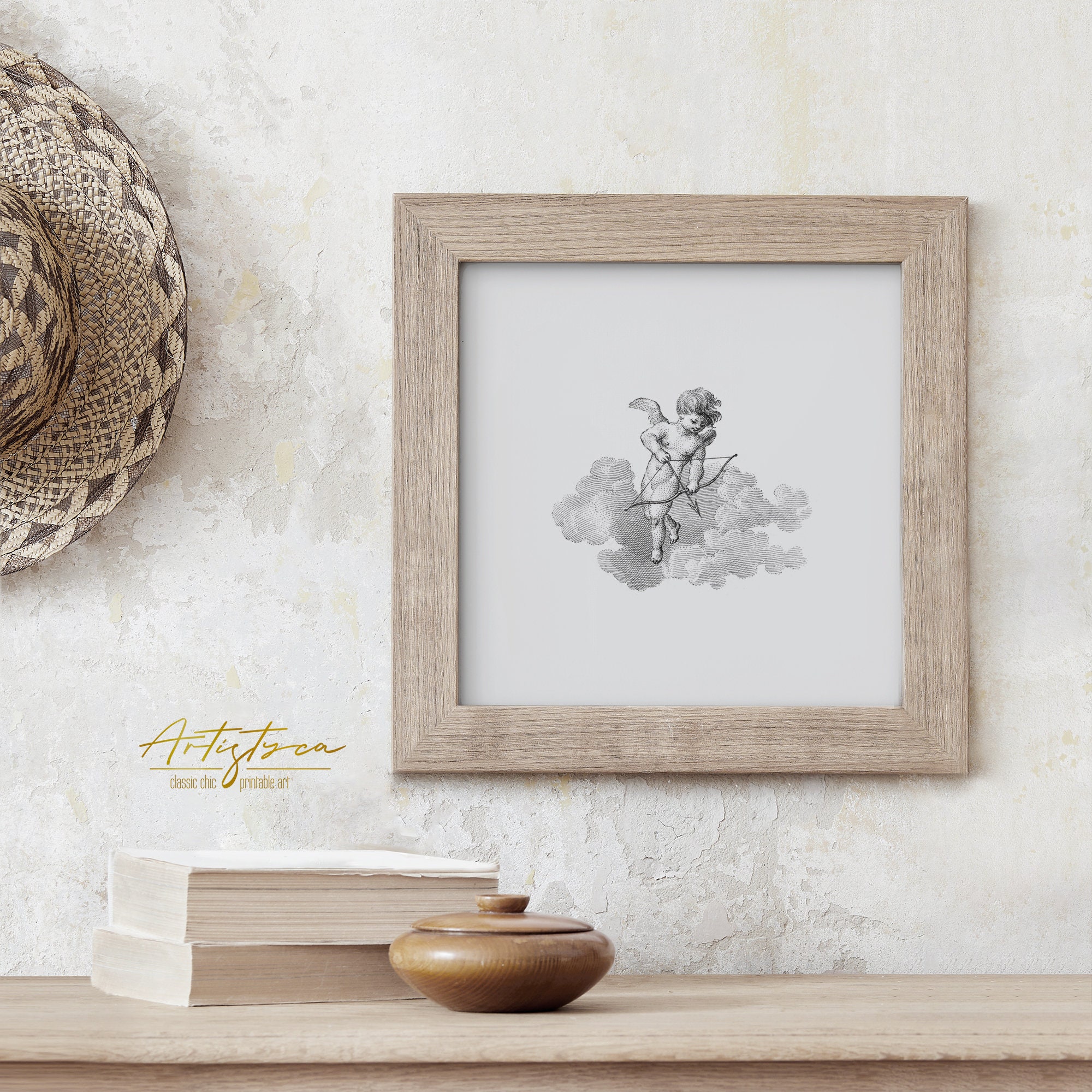 CUPID Vintage DRAWING CHERUB Throwing Arrow Antique Sketch Print Putto ...