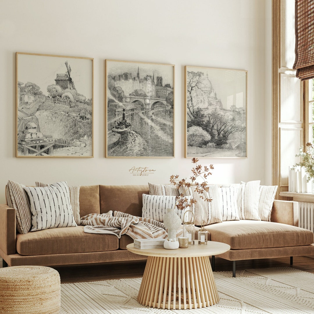 PARIS Cityscapes Wall Art, Vintage Pencil DRAWING Prints Set of 3 ...