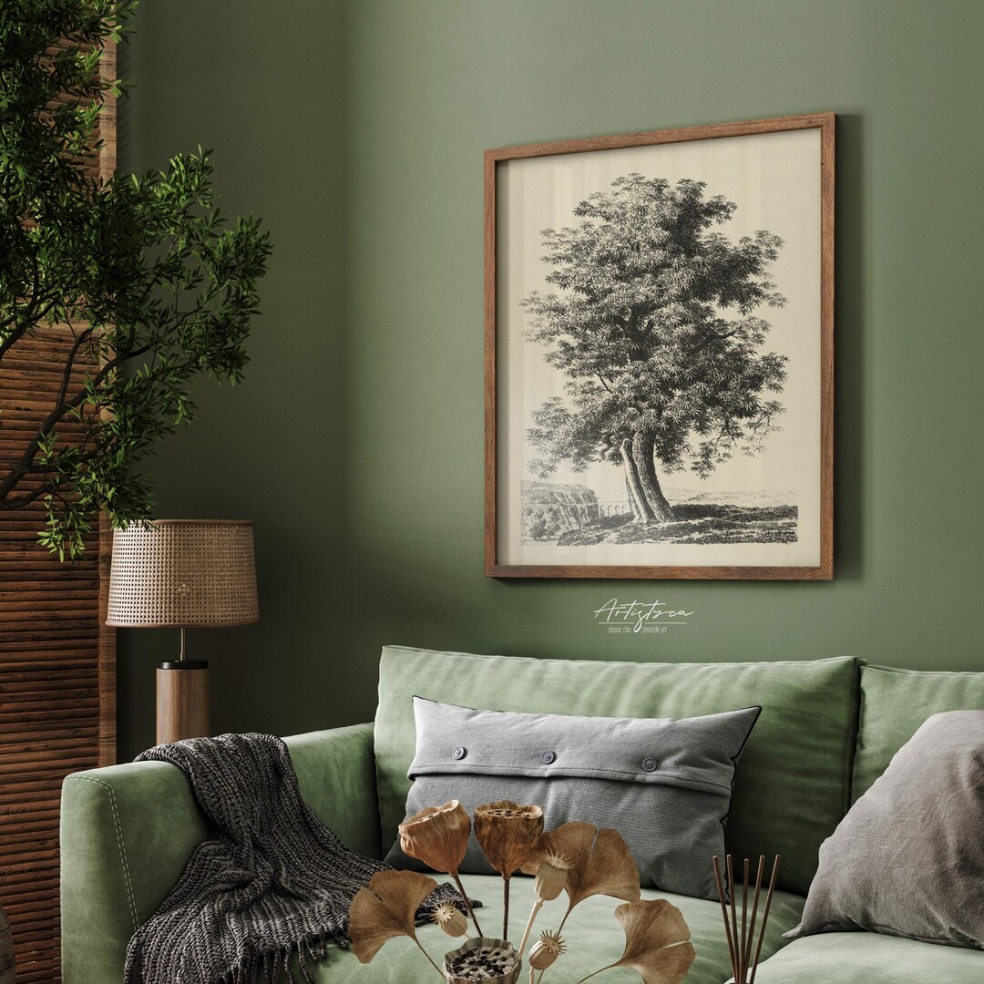 TREE DRAWING Wall Art, Oak Tree Landscape PRINT, Tree Digital Pencil ...