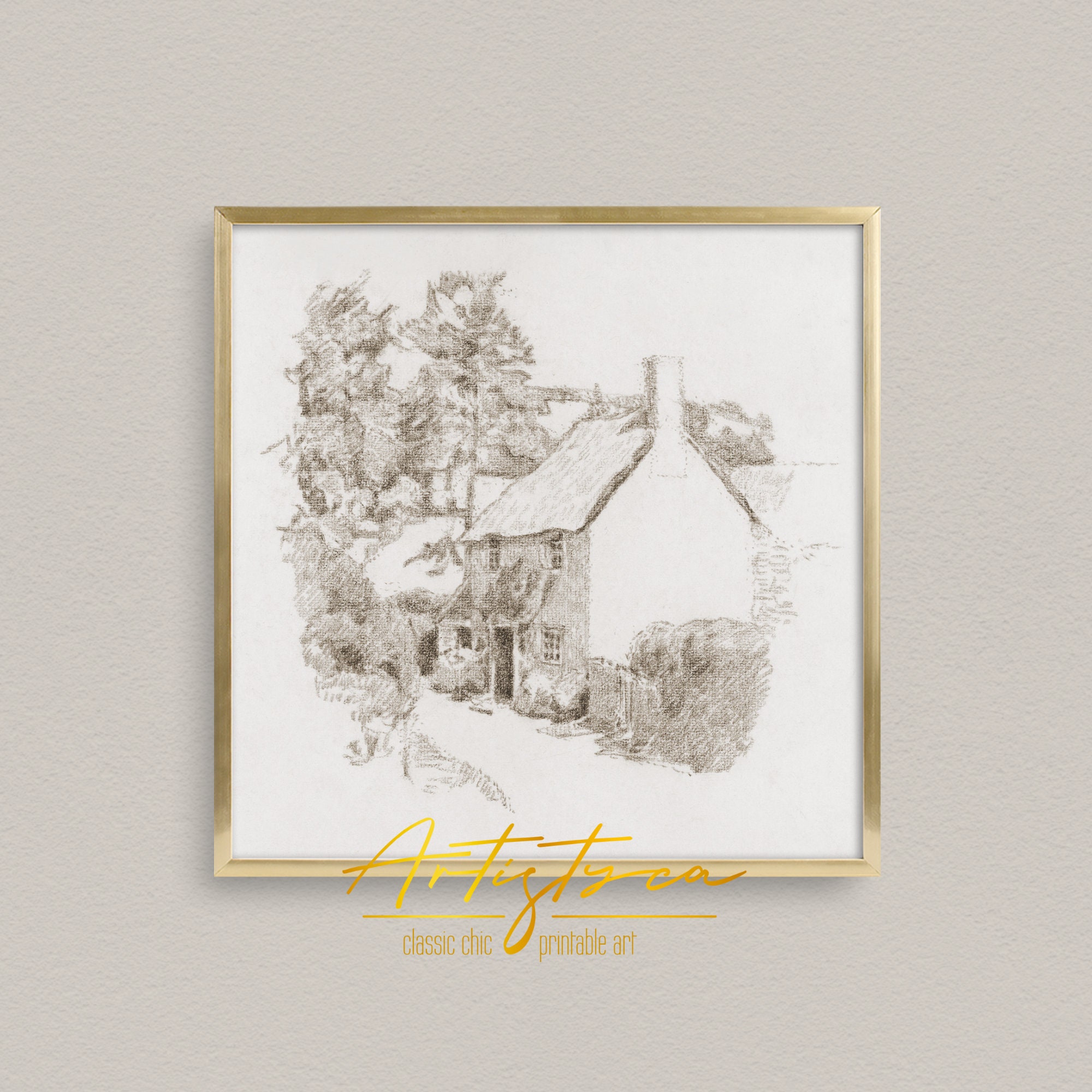 COTTAGE Vintage DRAWING COUNTRY Landscape Print Countryside Rustic Old ...