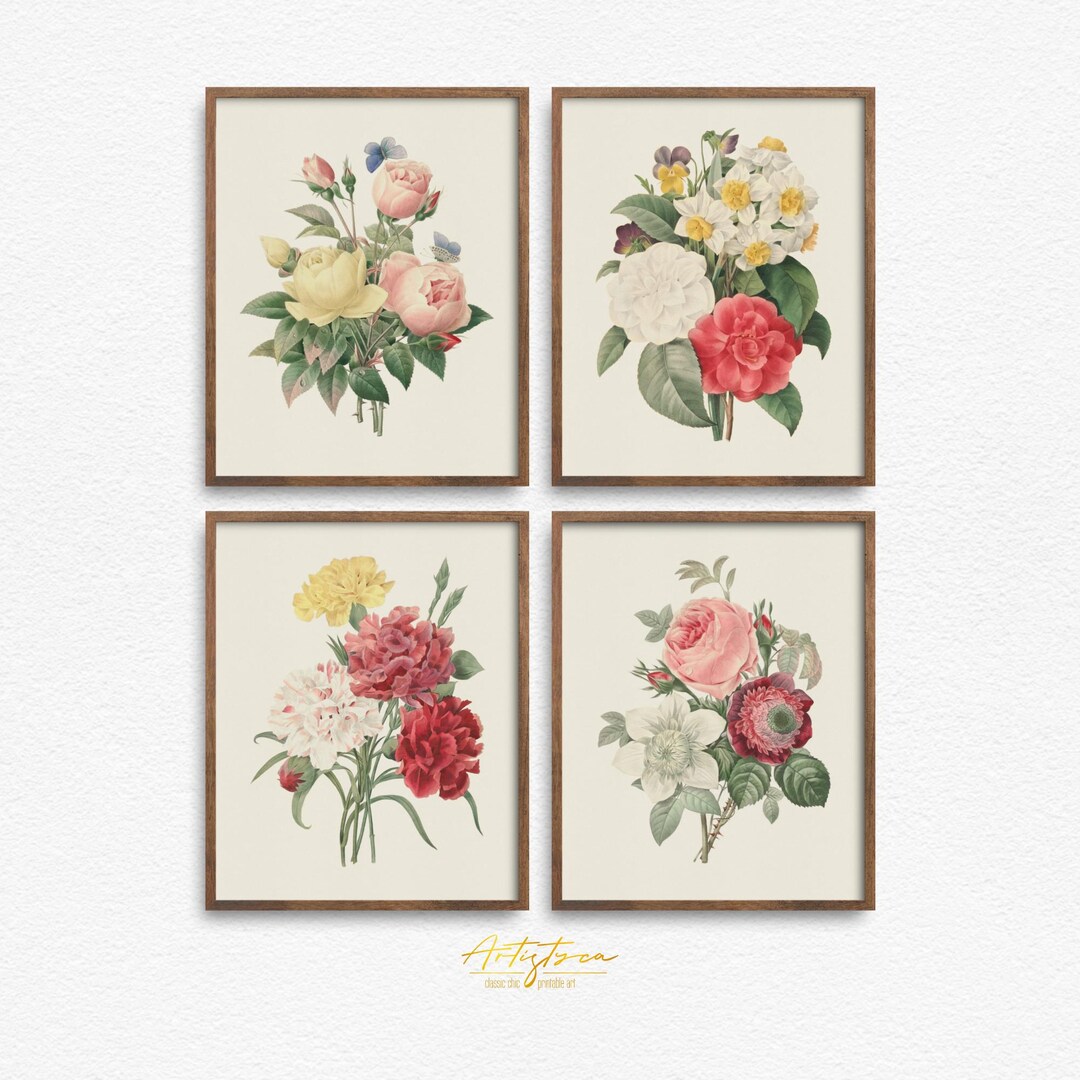 4 FLOWER BOUQUET Vintage Gallery Wall Art Print Set, Four Printable ...