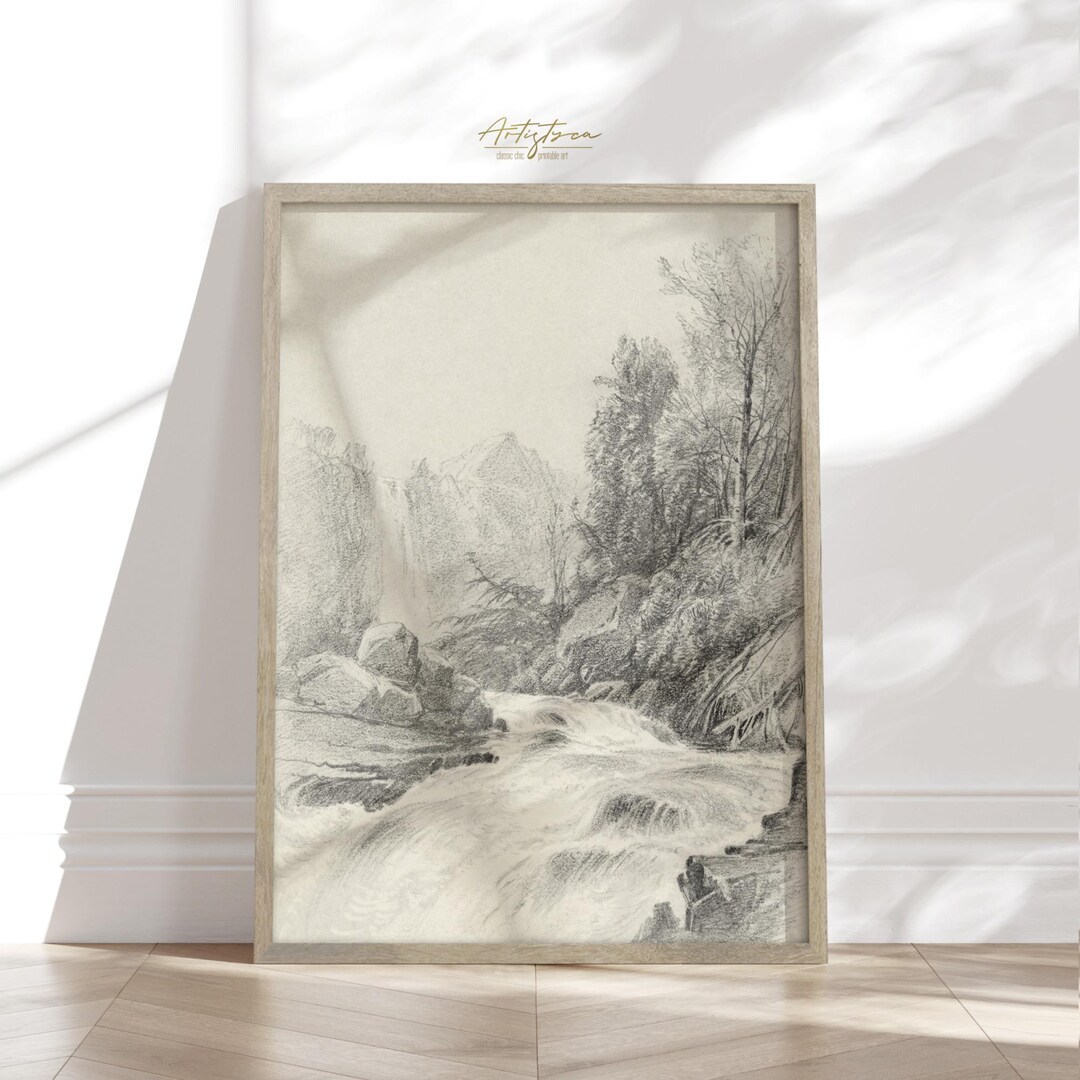 Landscape Vintage Pencil DRAWING Wall Art, MOUNTAIN WATERFALL Art Print ...
