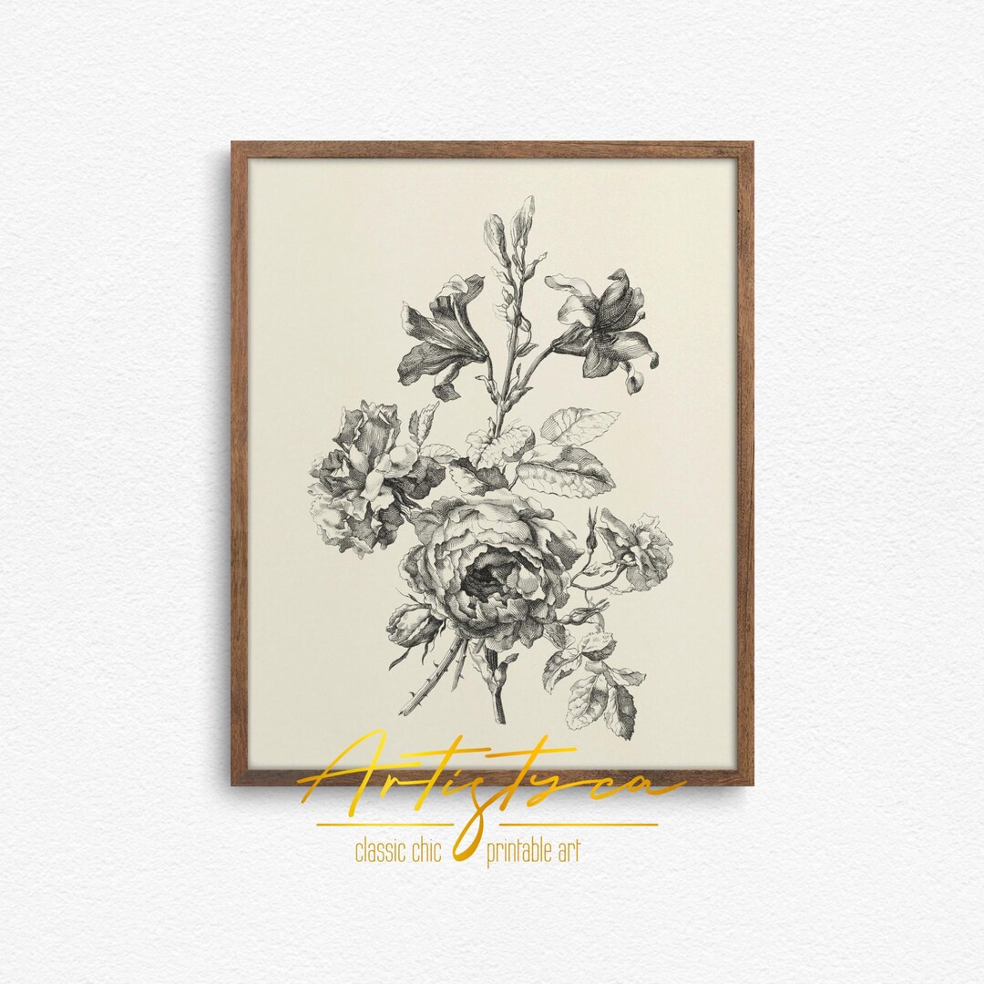 FLORAL DRAWING Vintage Wall Art Print, Flower BOUQUET Living Room ...