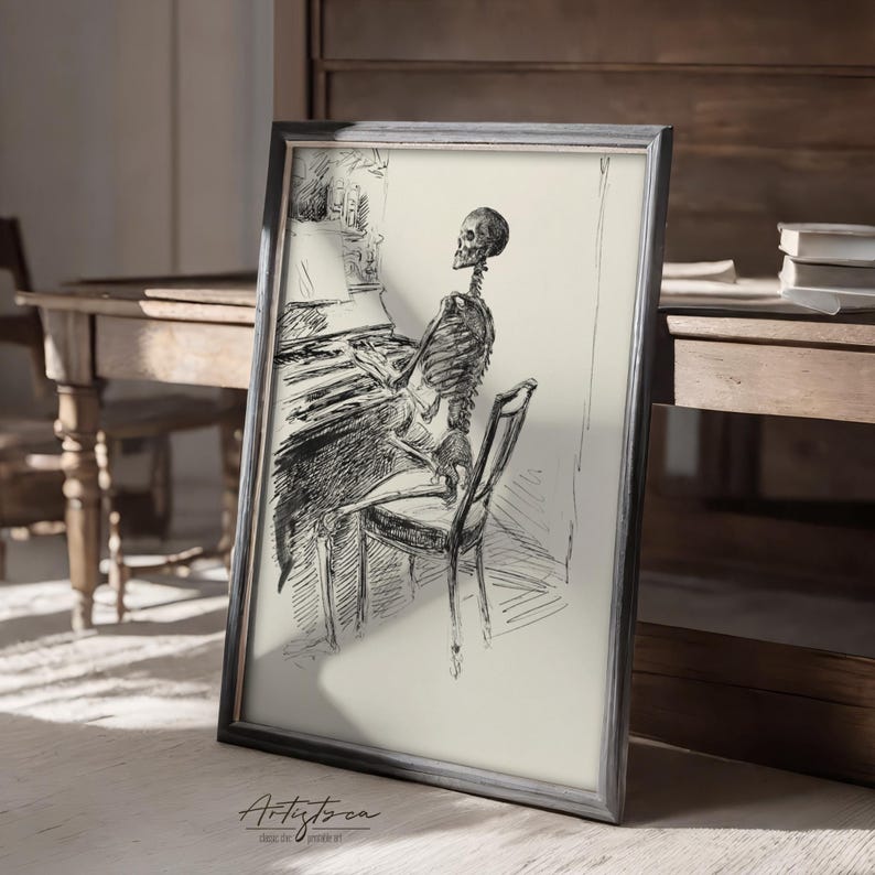 HALLOWEEN Spooky Piano SKELETON SKETCH Wall Art Print, Creepy Scary ...