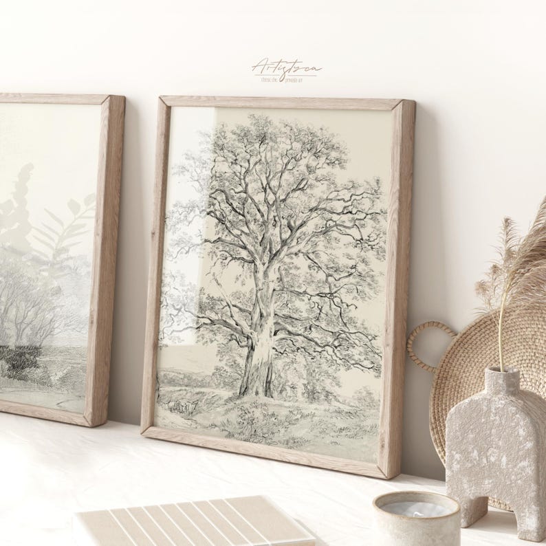 TREE Drawing Poster Neutral Wall Art OAK Tree Print Tree Vintage Sketch ...