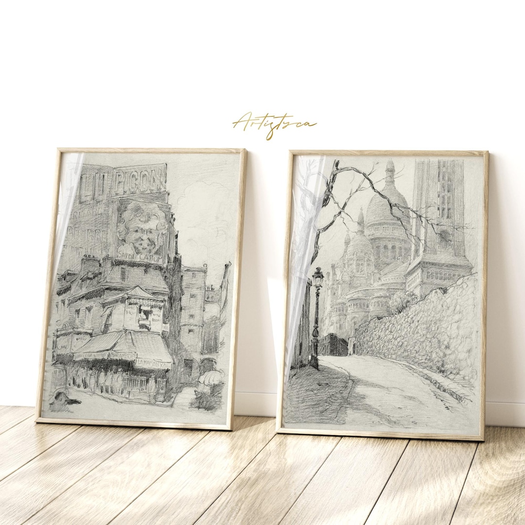 PARIS Pencil Sketch Wall Art, French Cityscape DRAWING 2 Piece Print ...