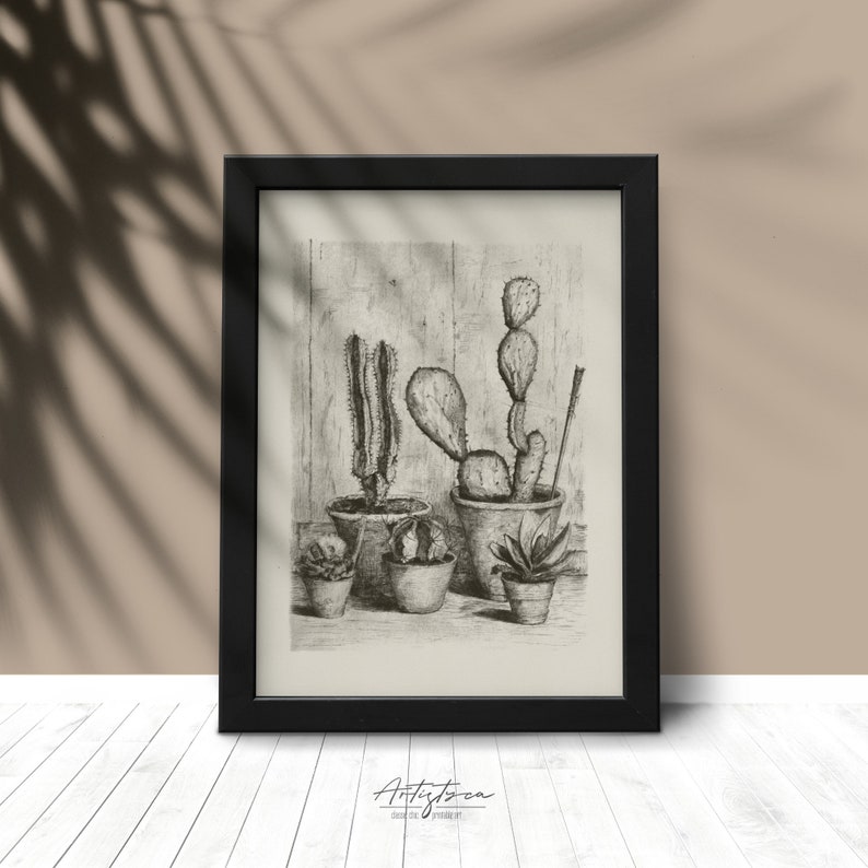 CACTUS Vintage Sketch Neutral Apt Wall Art BOTANICAL Drawing Retro Wall ...