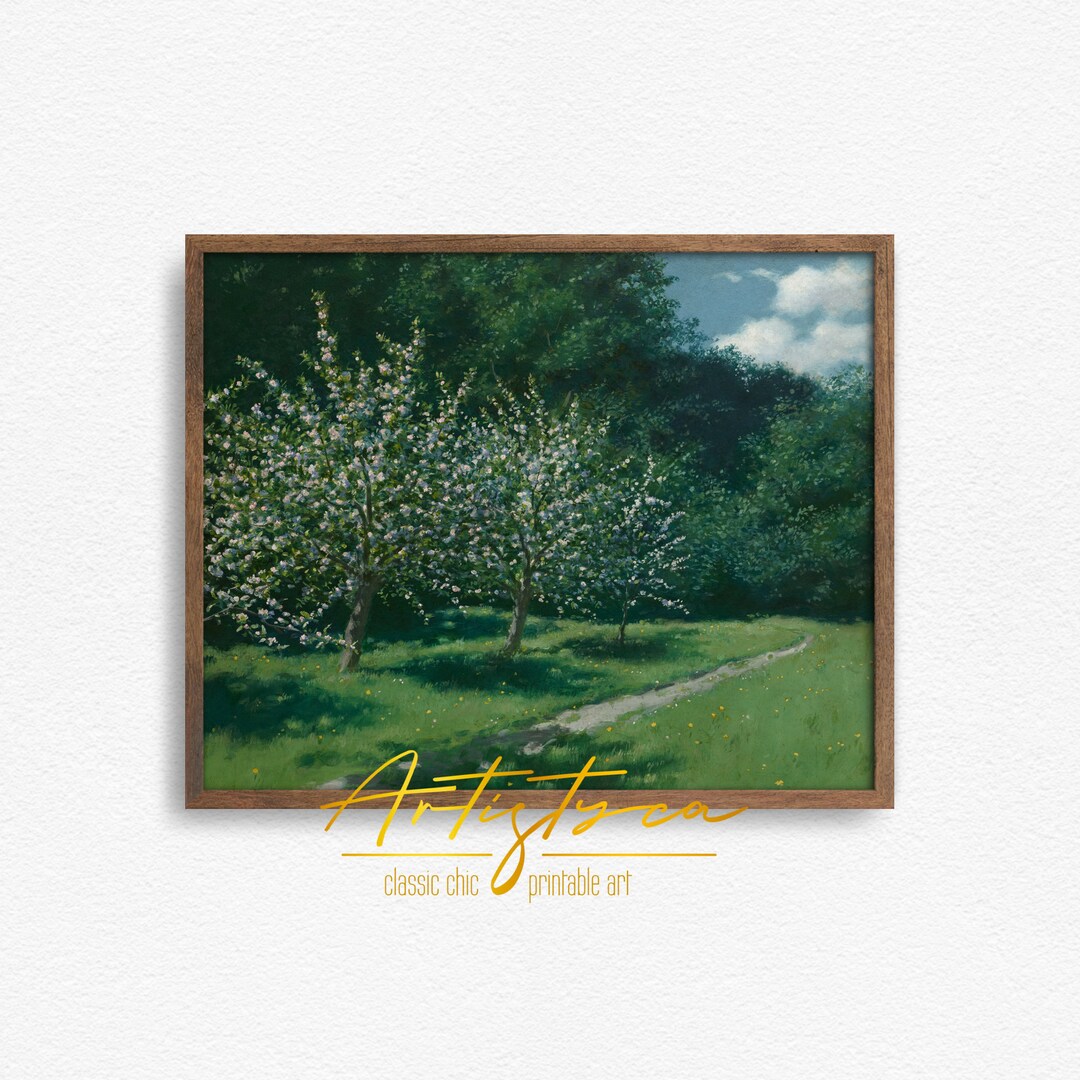 SPRING Countryside LANDSCAPE, Vintage Painting Print, Flowered Orchard ...
