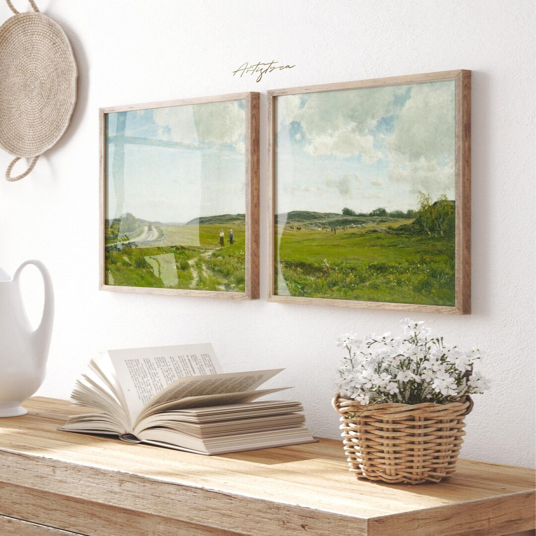 COUNTRY LANDSCAPE 2 Square Print Set, Green Meadows Two Piece VINTAGE ...