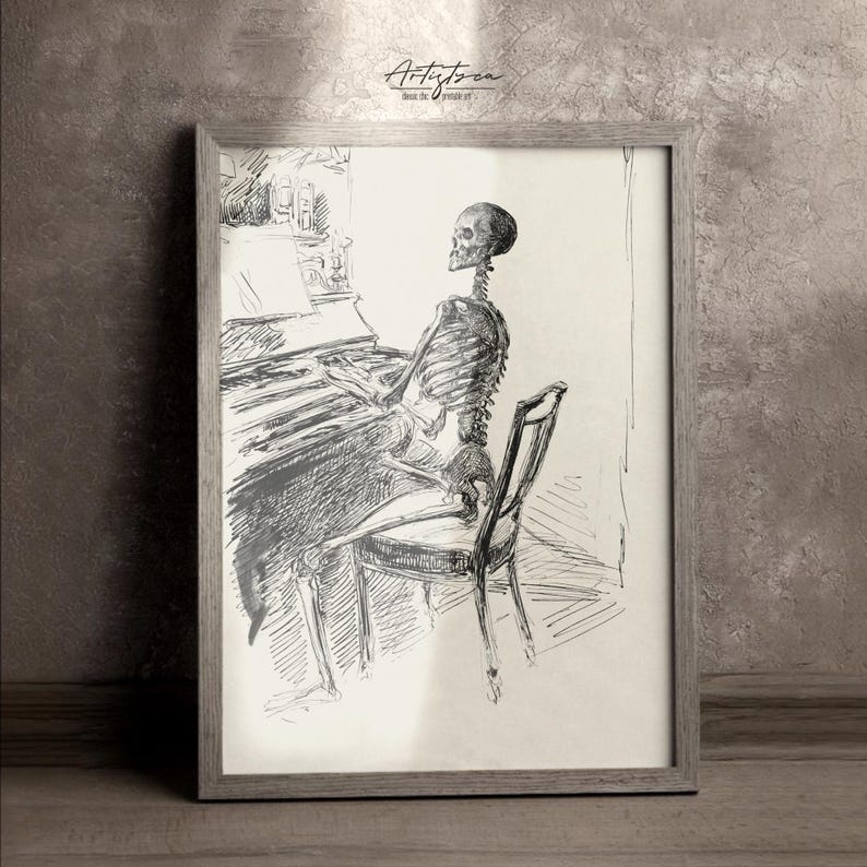 HALLOWEEN Spooky Piano SKELETON SKETCH Wall Art Print, Creepy Scary ...