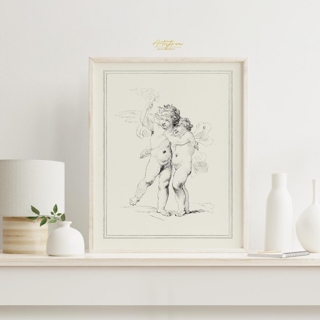 Two ANGELS Wall Art, Mute ANGEL Sketch Print, Baby Cherub Poster, 2 ...