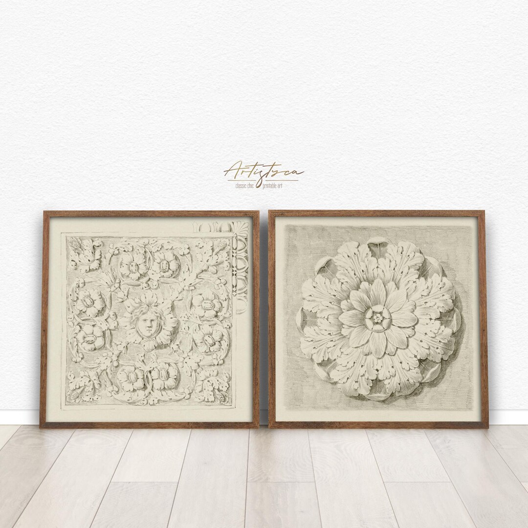 Classic FLORAL STUCCO Decor DRAWING Two Print Set, Vintage Double ...