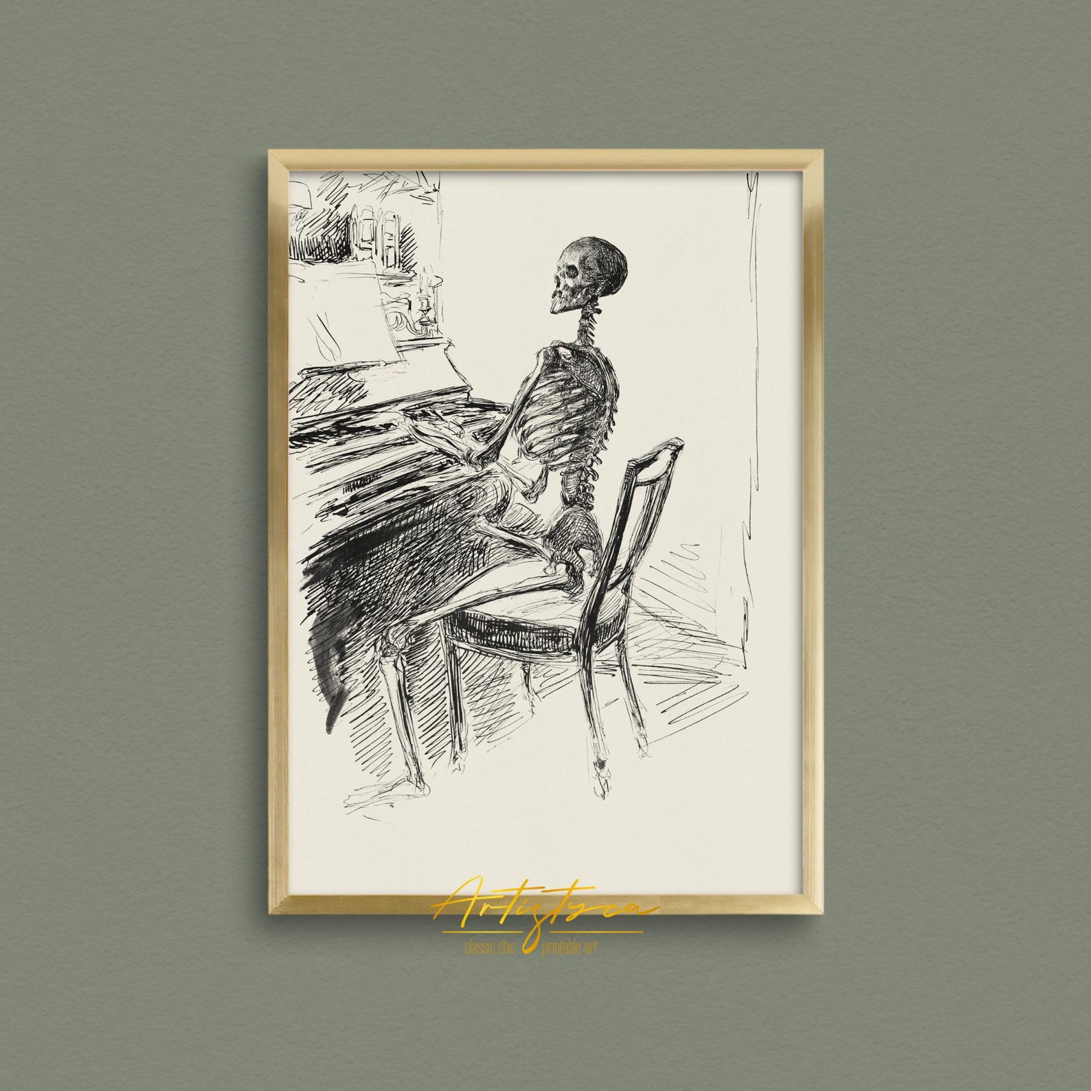 HALLOWEEN Spooky Piano SKELETON SKETCH Wall Art Print, Creepy Scary ...