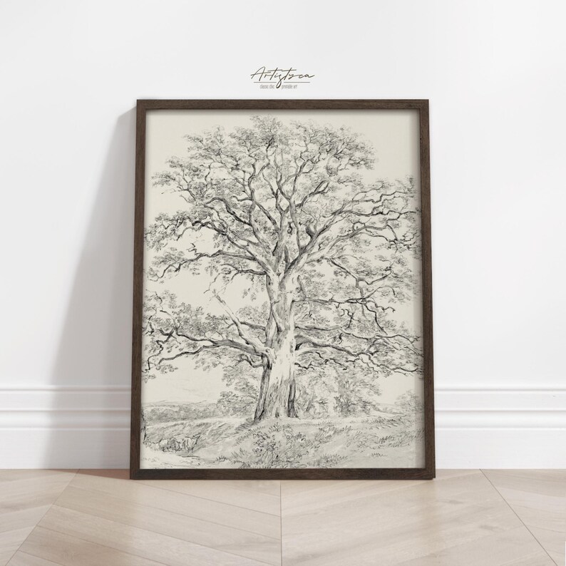 TREE Drawing Poster Neutral Wall Art OAK Tree Print Tree Vintage Sketch ...